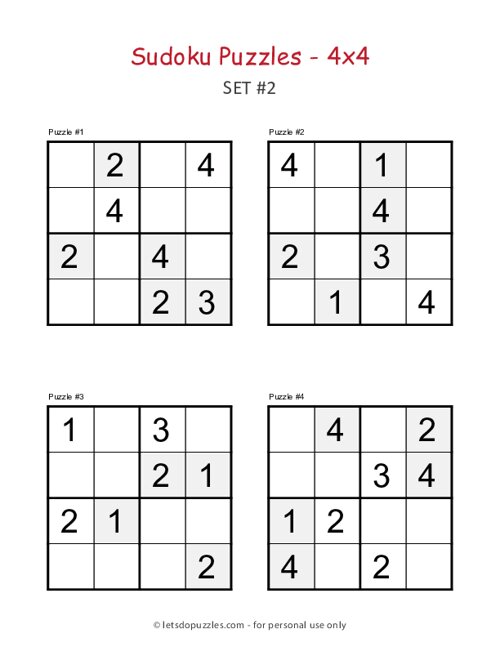 4x4 Sudoku Puzzles For Kids