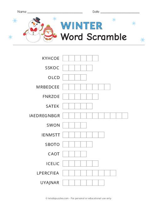 Winter Word Scramble Printable Puzzles For Kids Winter Word Scramble Printable Puzzles For Kids
