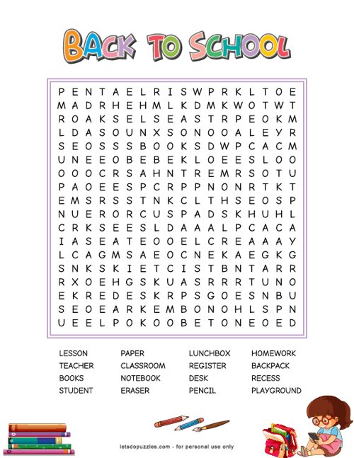 Back To School Word Search For Kids
