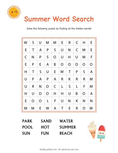 Printable Summer Word Search