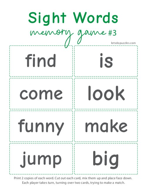 Sight Word Memory Games For Kids