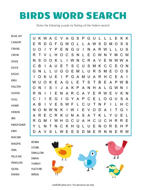 Birds Word Search Birds Word Search