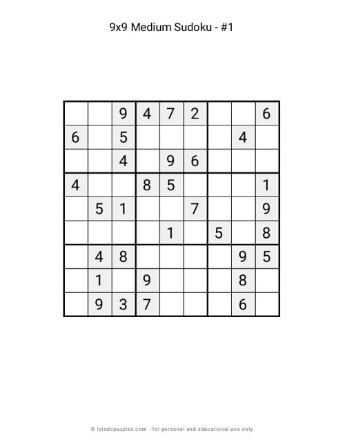 Free Printable 9x9 Medium Sudoku