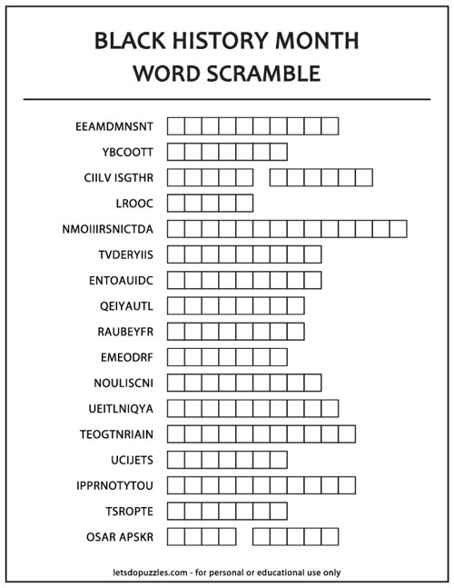 Black History Month Word Scramble Black History Month Word Scramble