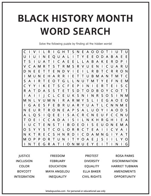 Black History Month Word Search Black History Month Word Search