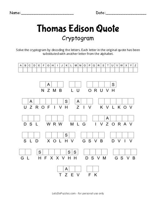 Free Printable Thomas Edison Quote Cryptogram