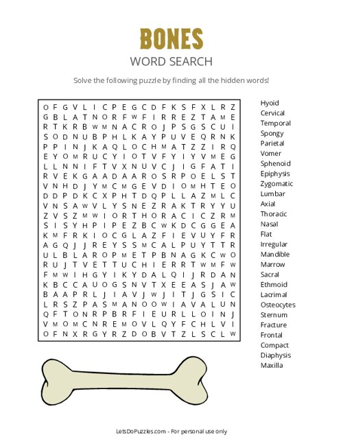 Free Printable Bones Word Search Puzzle